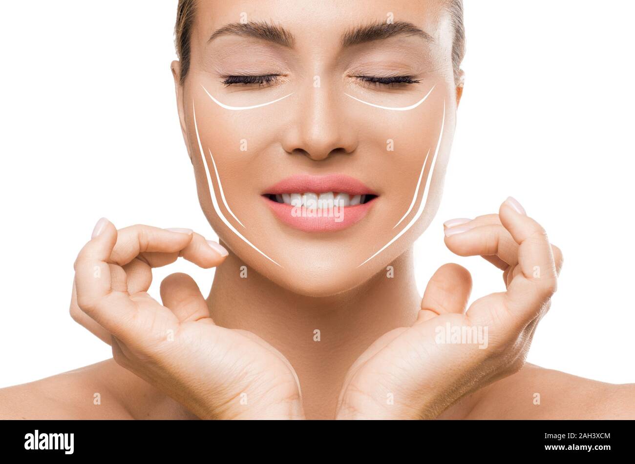 Face lift treatment anti aging skincare woman concept. Woman touching ...