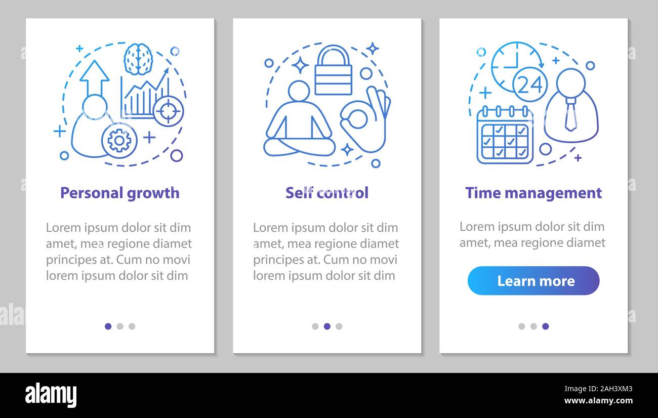 Personal qualities onboarding mobile app page screen with linear ...