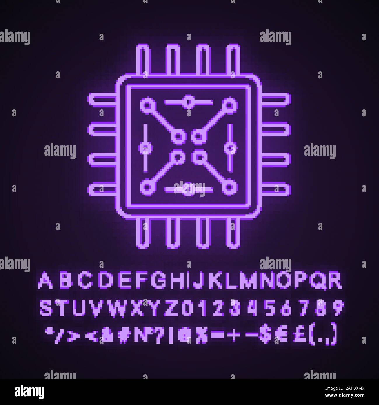 Processor With Electronic Circuits Neon Light Icon Microprocessor With Microcircuits Chip