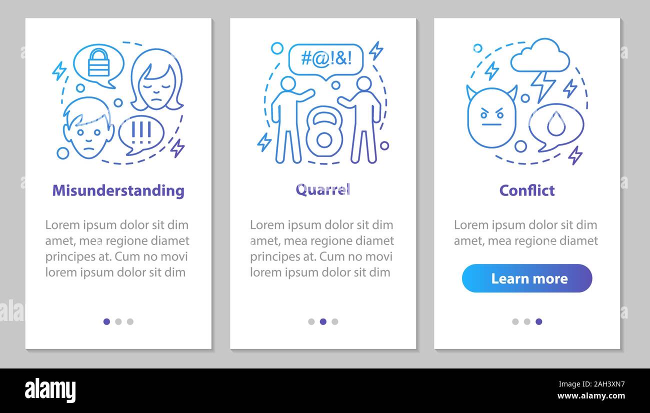 Difficult relationships onboarding mobile app page screen with linear concepts. Misunderstanding ...