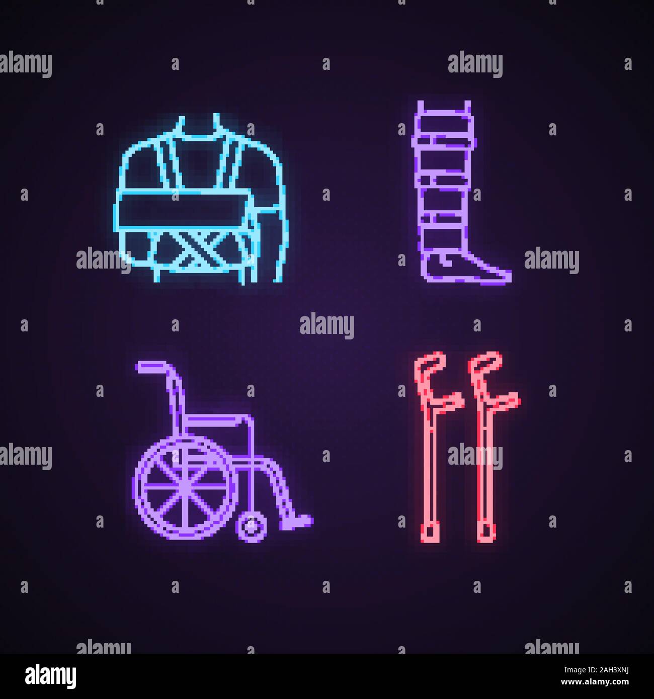 Trauma treatment neon light icons set. Shoulder immobilizer, shin brace ...