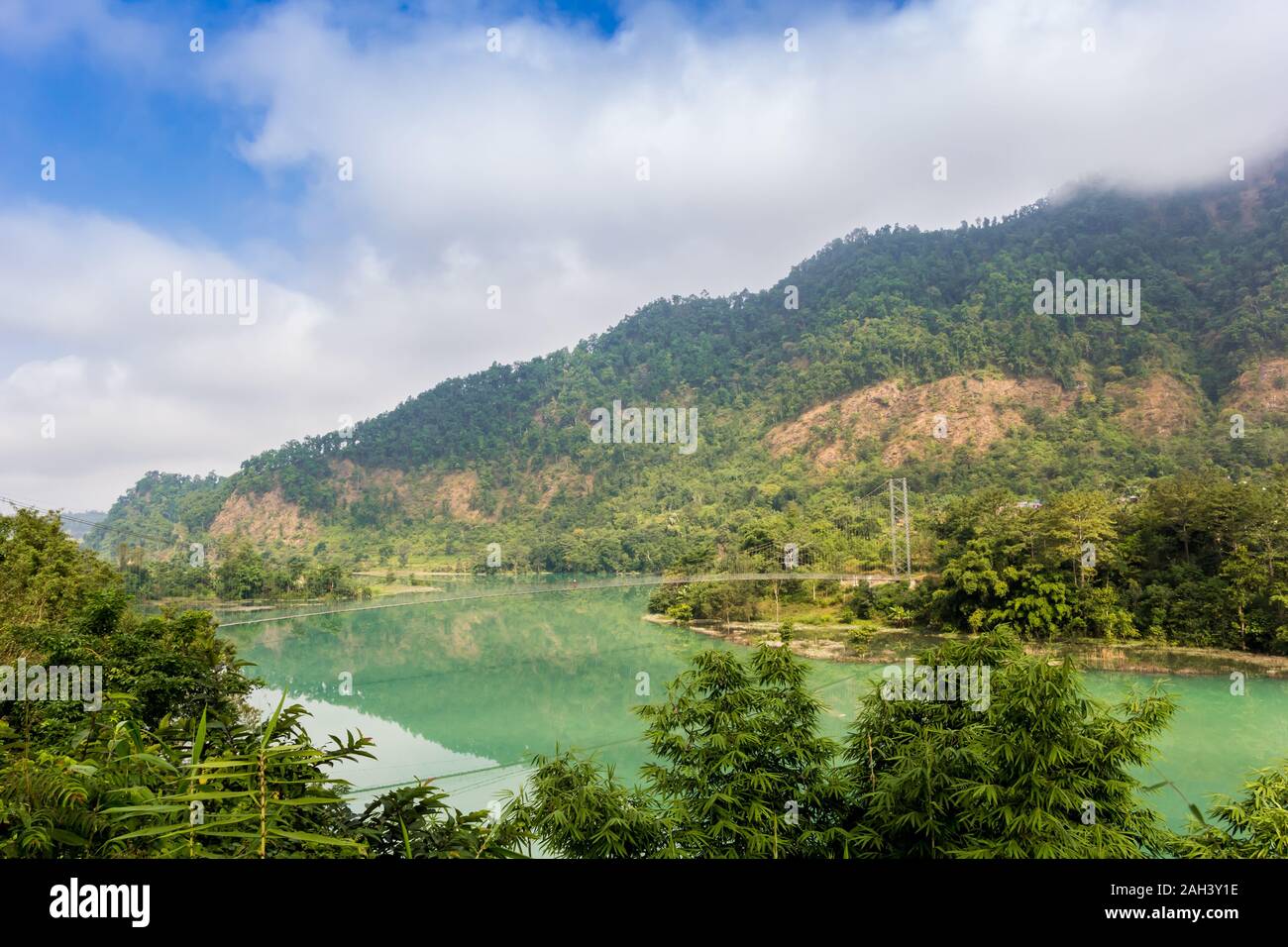 View over the Trishuli river and suspension bridge in Nepal Stock Photo ...