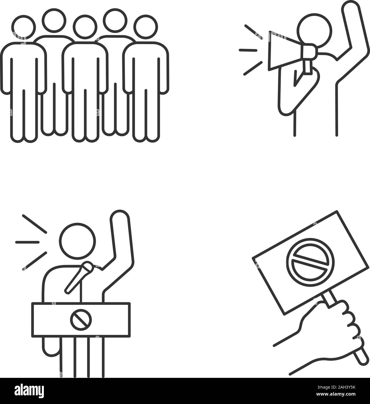 Protest action linear icons set. Meeting, protester, protest banner ...