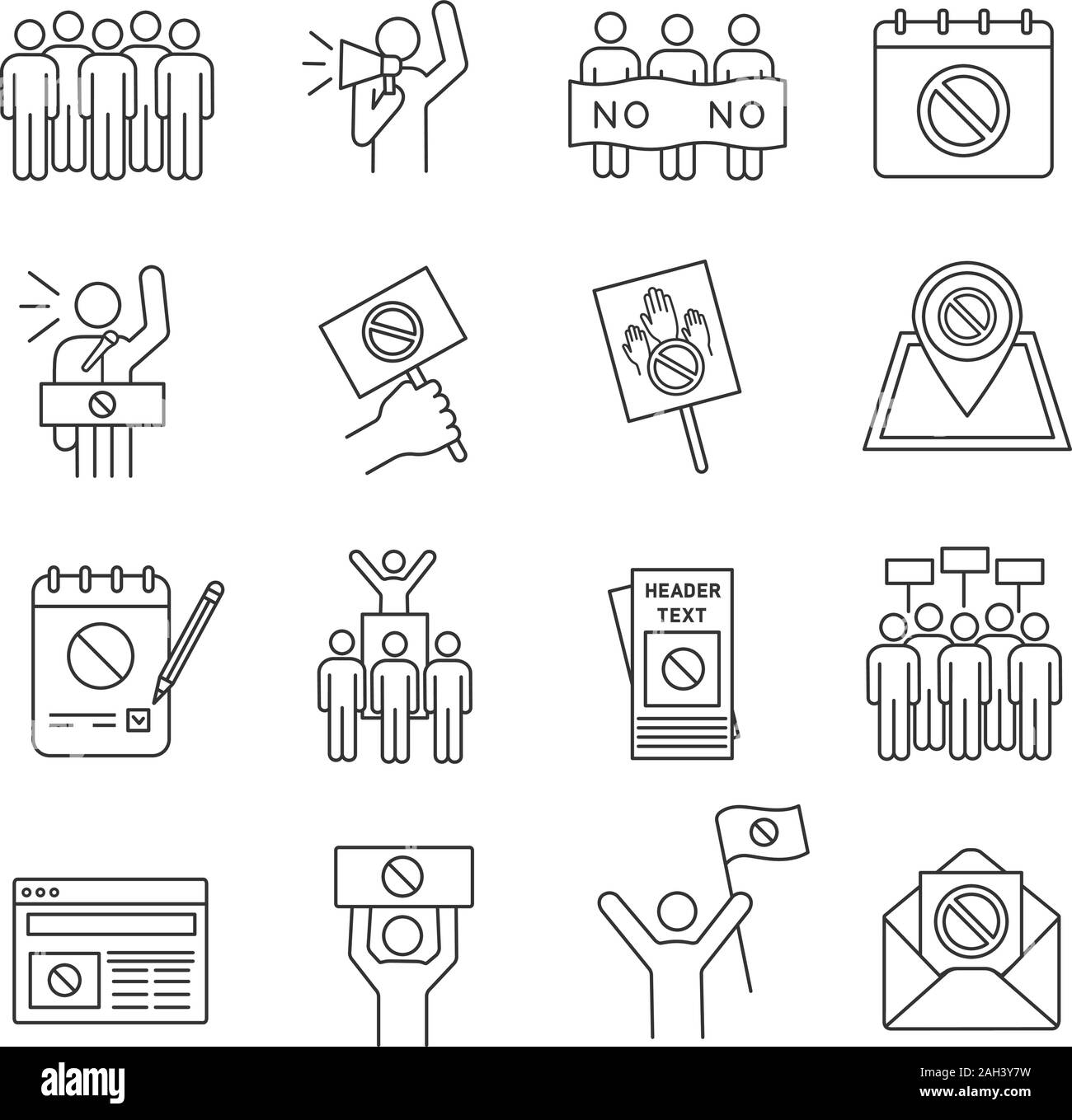 Protest action linear icons set. Political behaviour. Social and ...