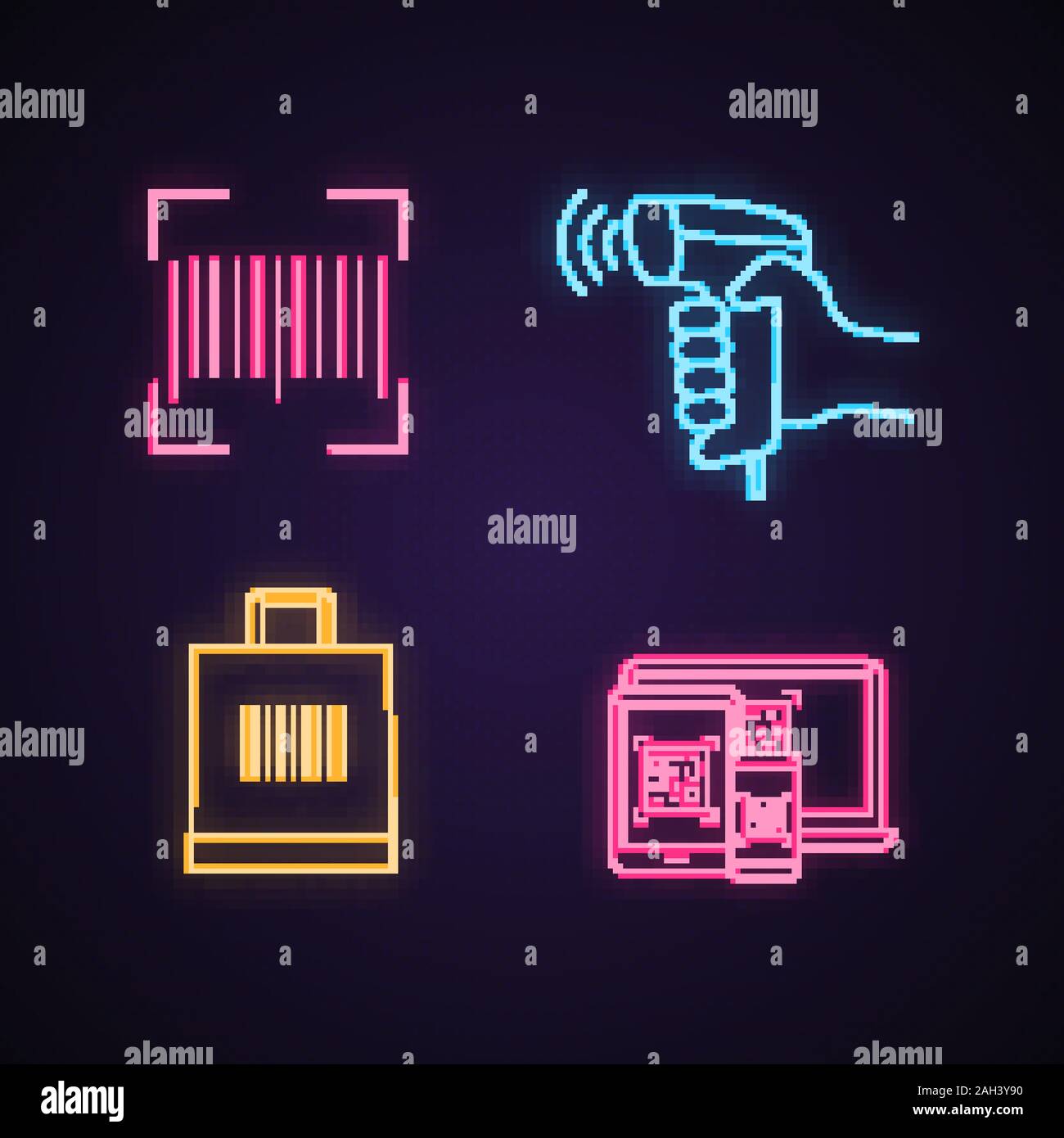 Barcodes neon light icons set. Linear code, handheld barcode scanner ... Barcodes neon light icons set. Linear code, handheld barcode scanner ...