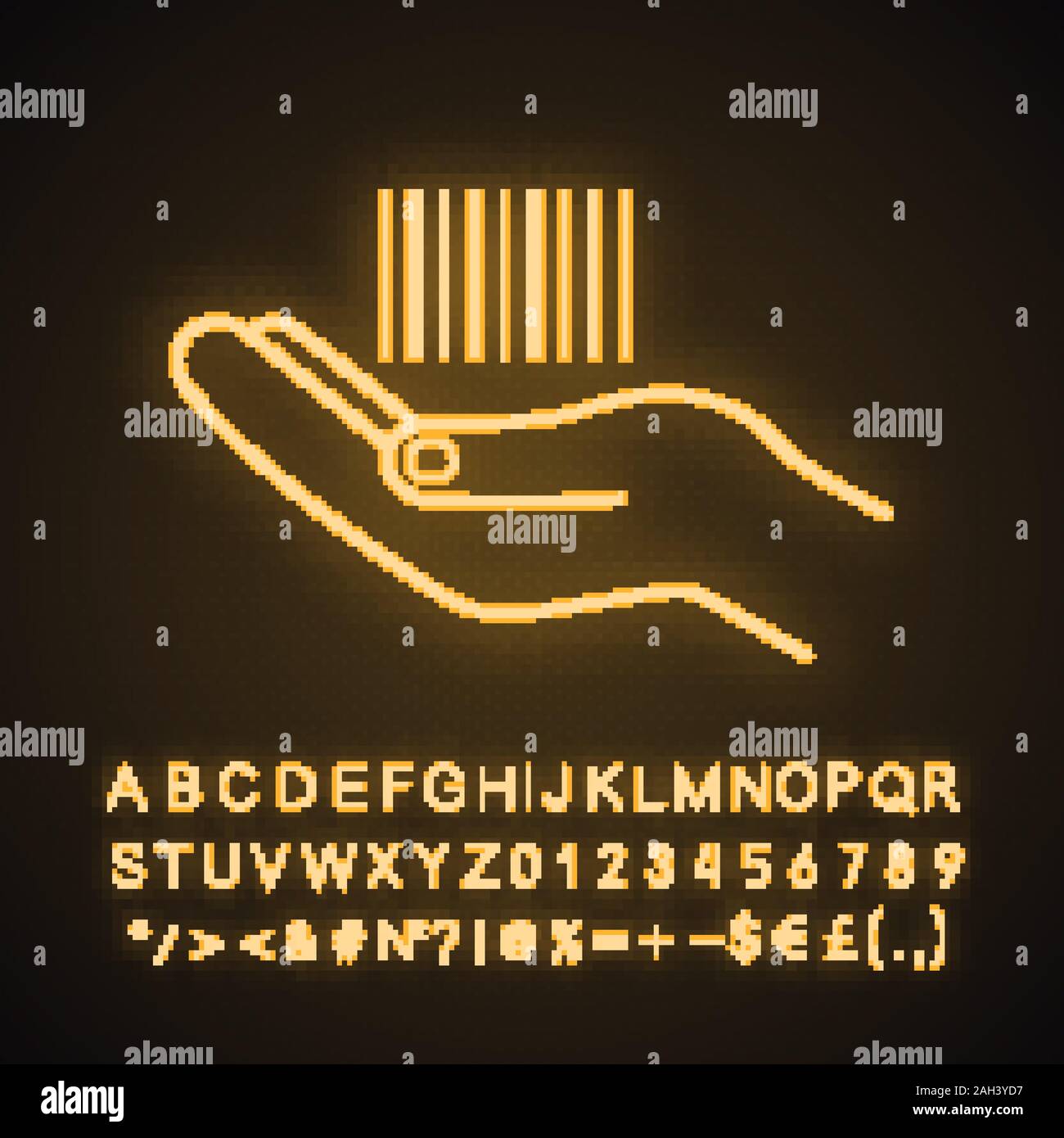 Hand holding barcode neon light icon. One dimensional code. Barcode ...
