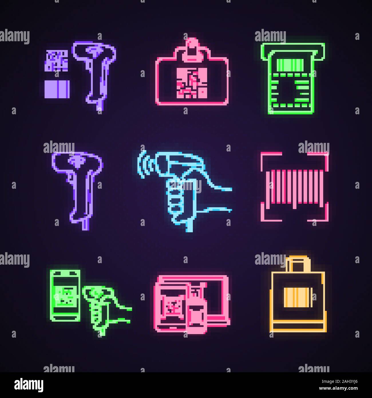 Barcodes neon light icons set. Handheld barcode scanner, id badge, ATM ...