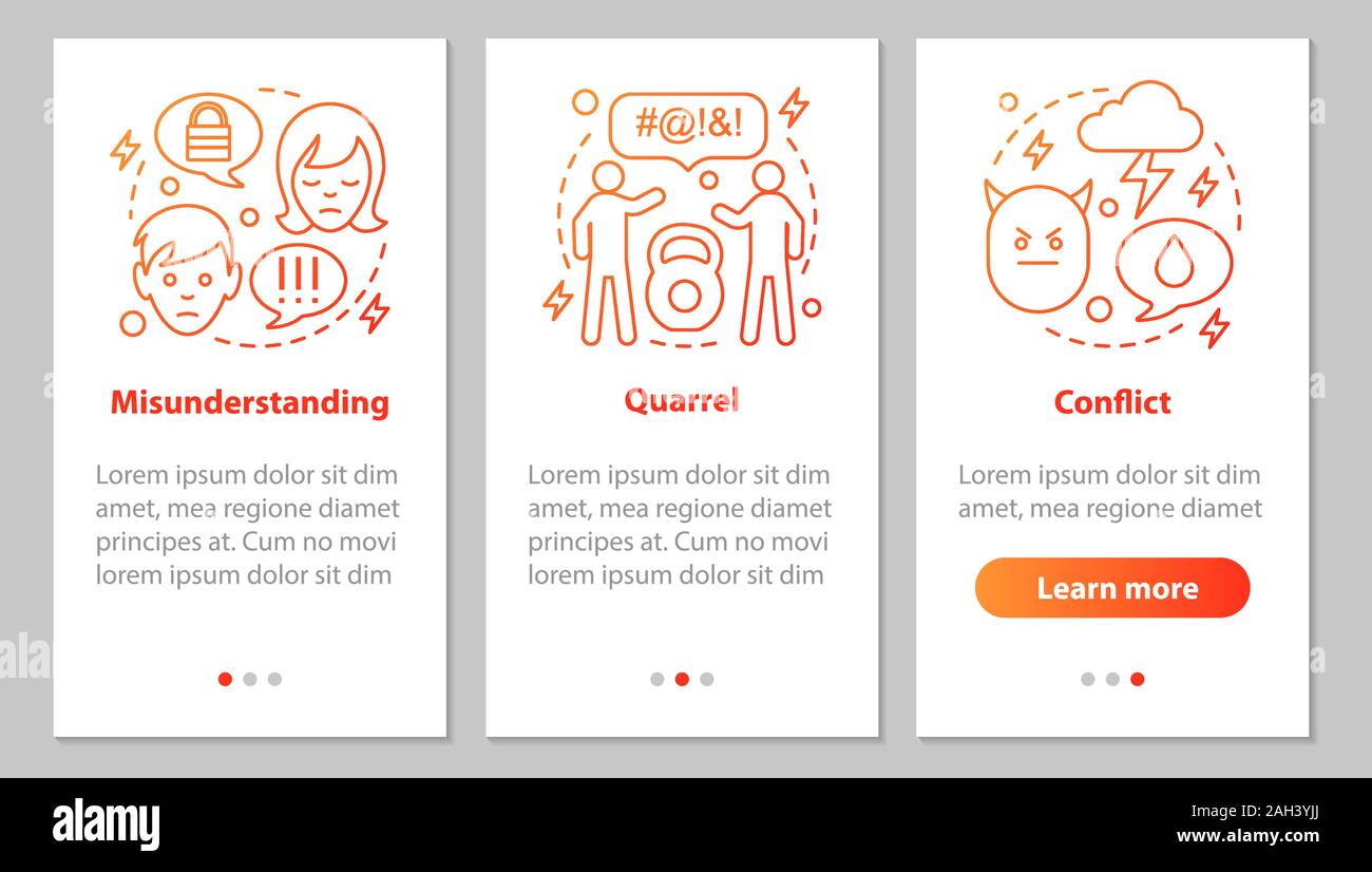 Difficult relationships onboarding mobile app page screen with linear concepts. Misunderstanding ...
