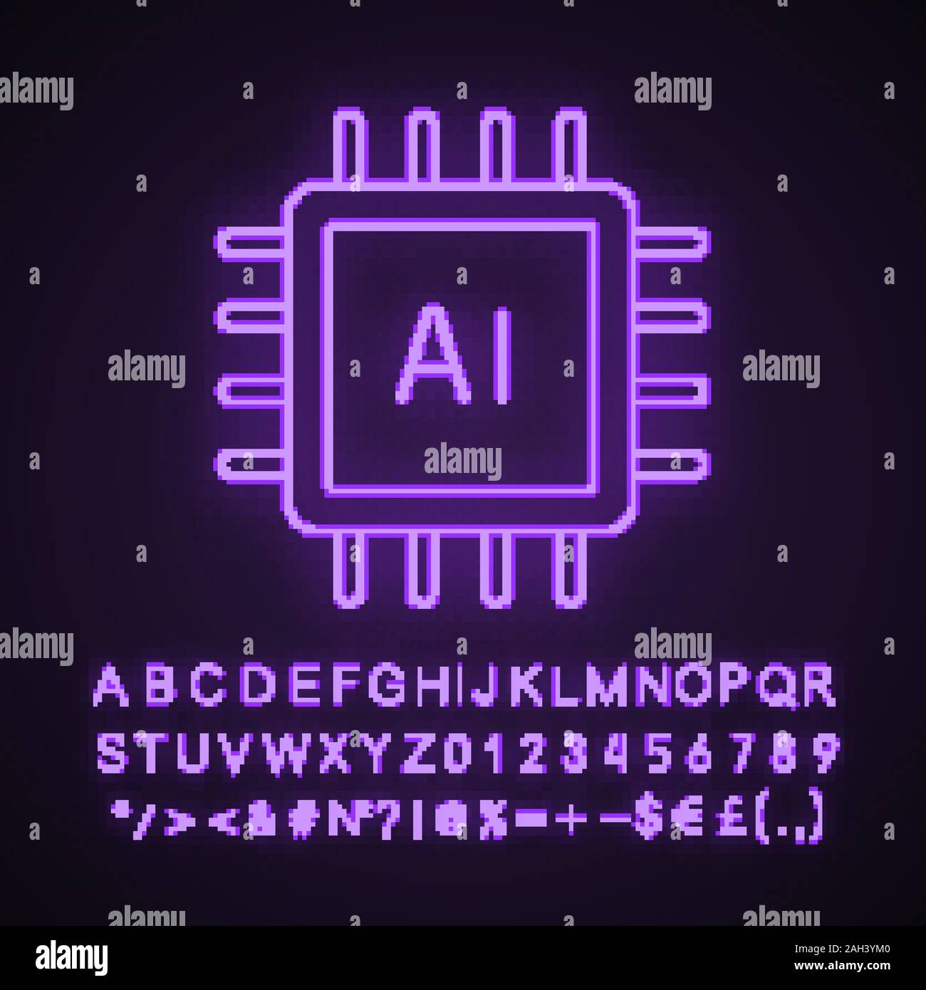 AI processor neon light icon. Microprocessor for artificial ...
