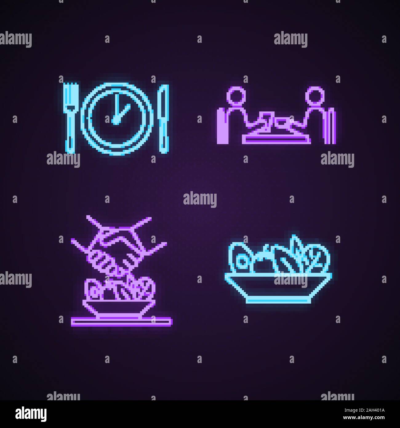 Business lunch neon light icons set. Dinner break, cafe meeting, make ...