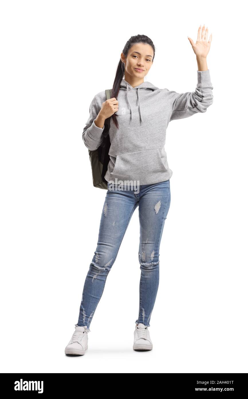 Full length portrait of a female student waving isolated on white ...