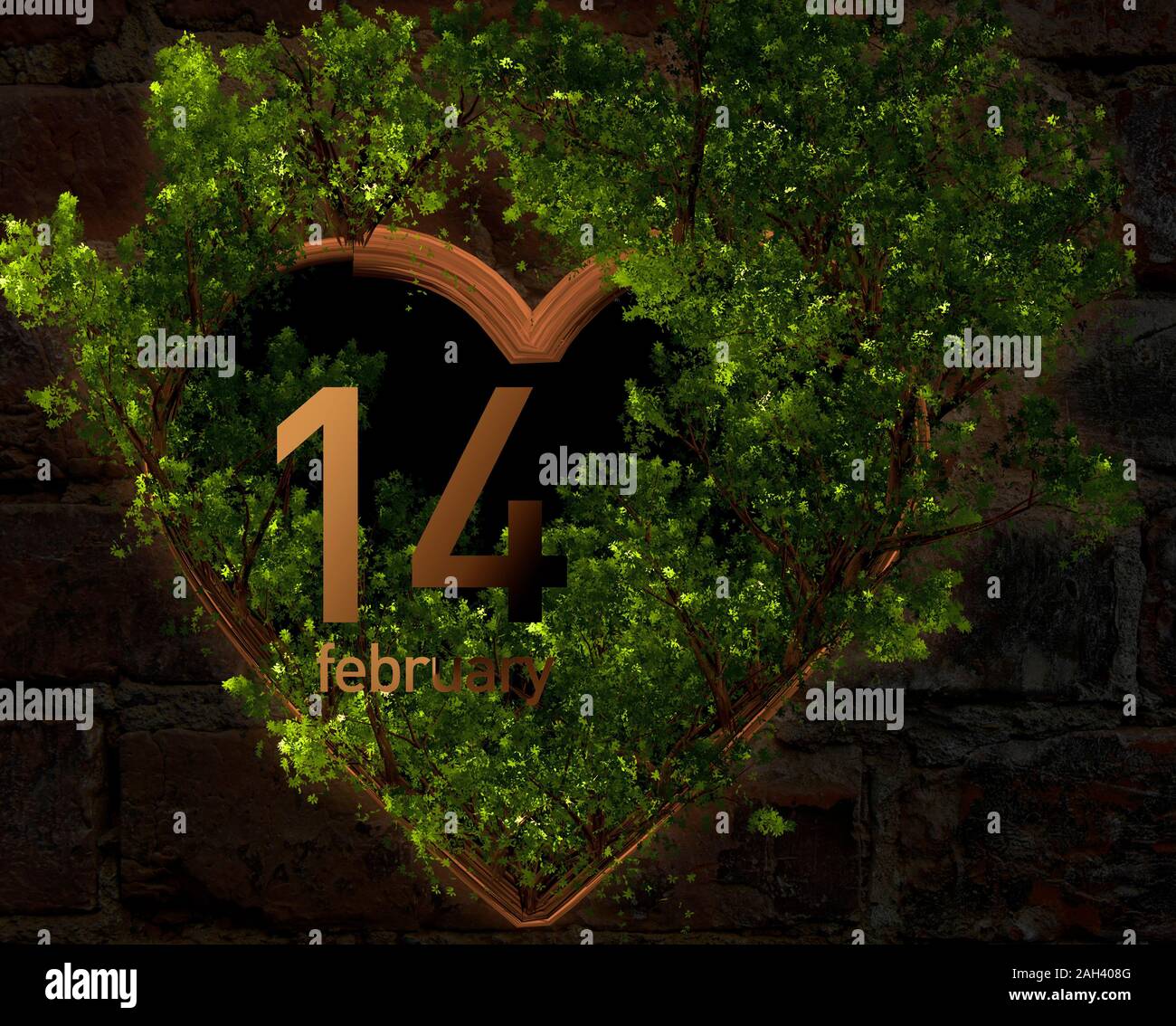 On the background of the brick wall oak branches entwining the heart ...