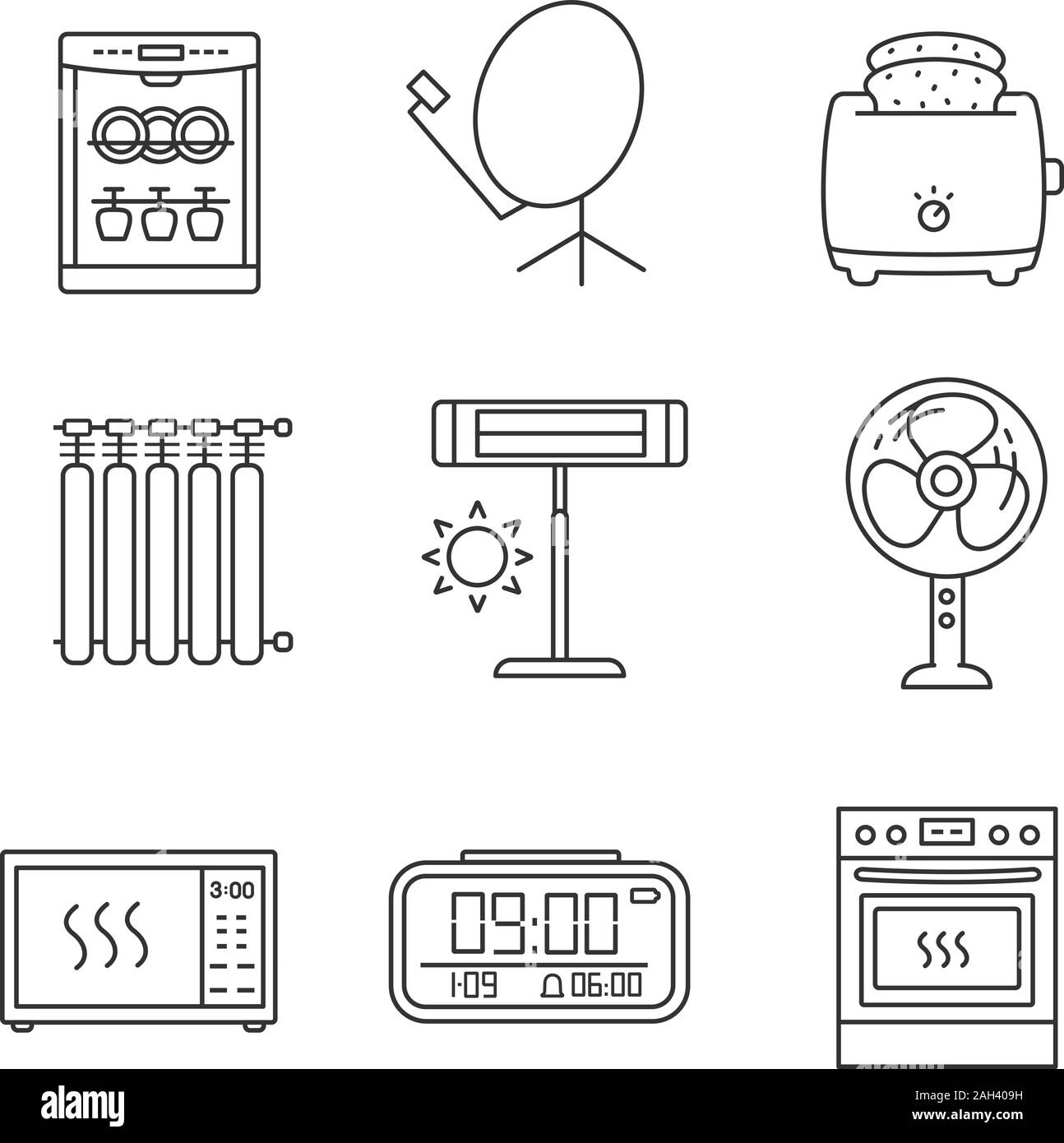 Household appliance linear icons set. Dishwasher, satellite dish ...