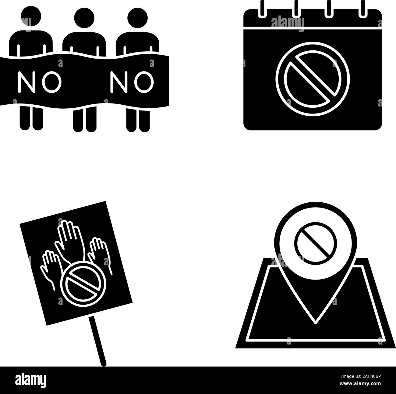 Protest action glyph icons set. Social movement date, protest location ...