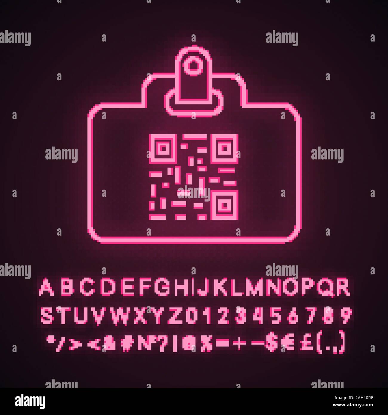 QR code identification card neon light icon. Name badge with matrix ...