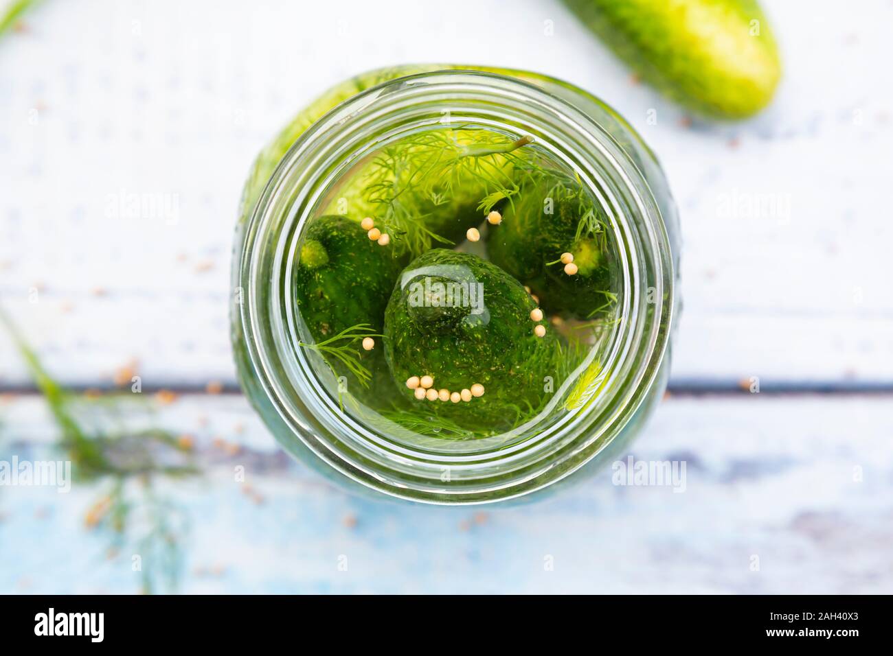 Overhead view of pickled dill pickles with mustard seeds Stock Photo ...