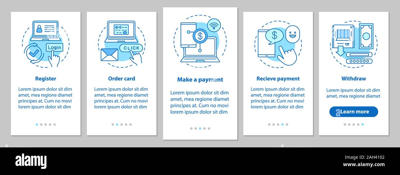 Online money transaction onboarding mobile app page screen with linear ...