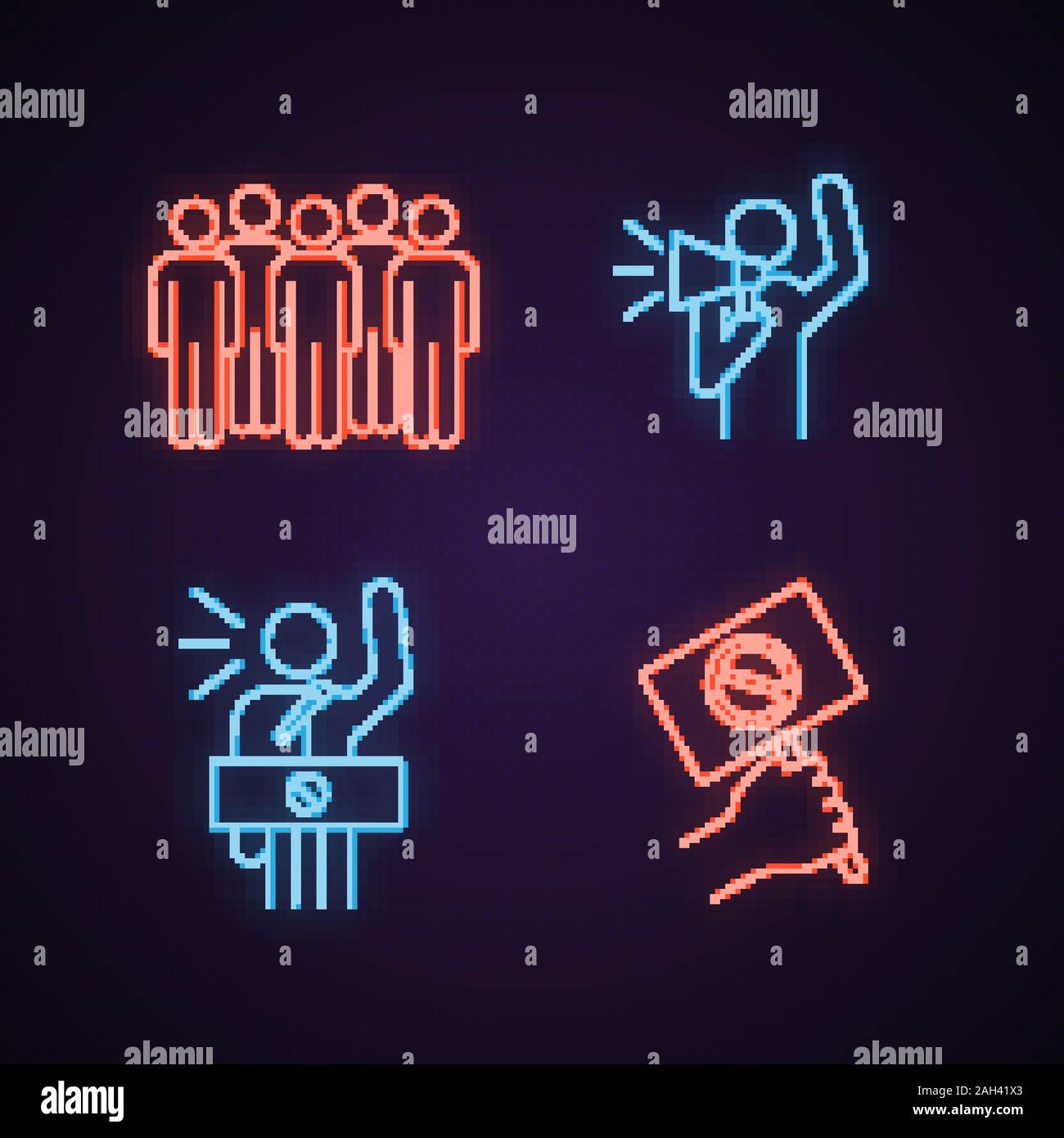 Protest action neon light icon. Meeting, protester, protest banner ...