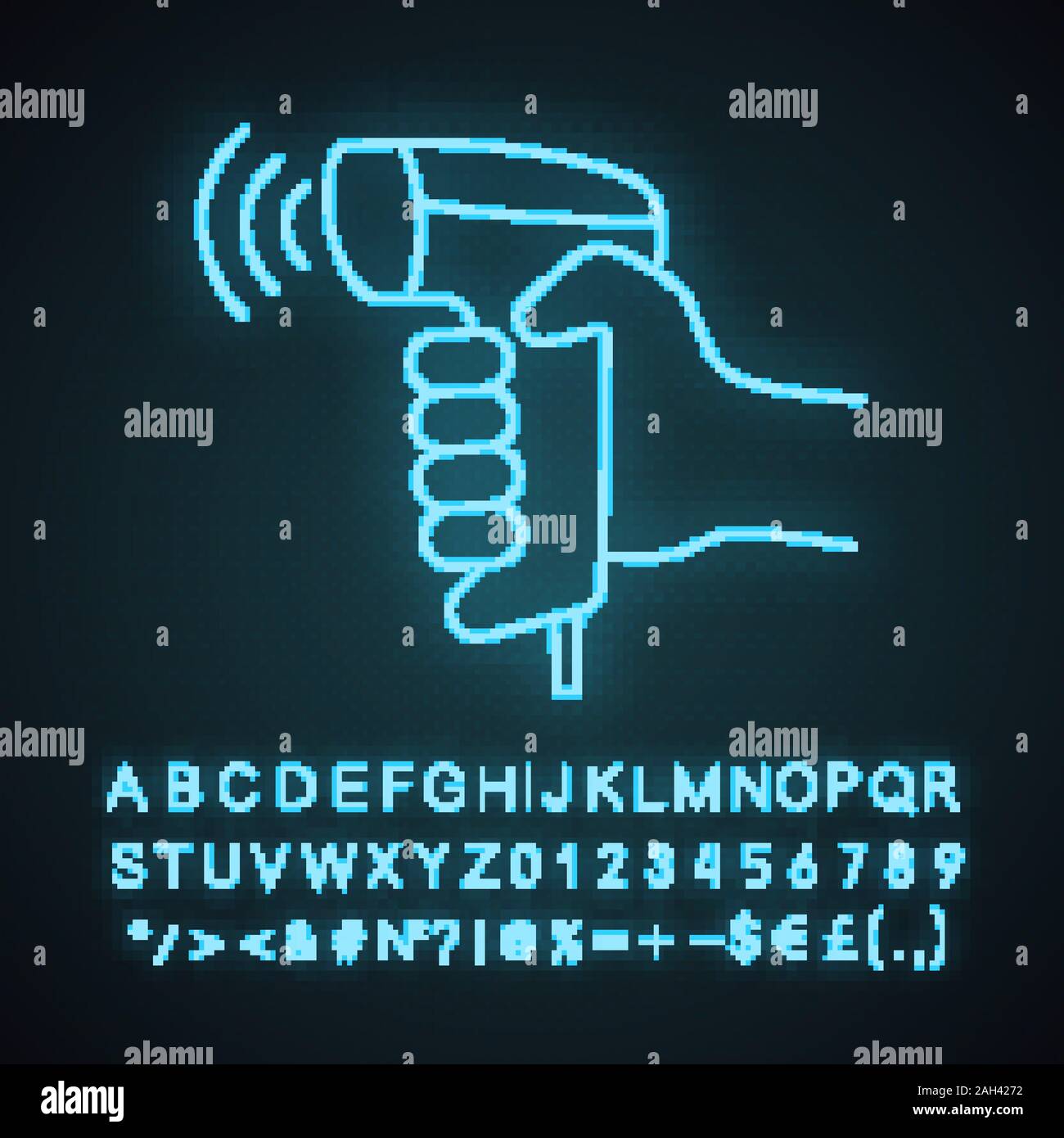 Wireless barcode scanning neon light icon. Wifi barcode handheld ...