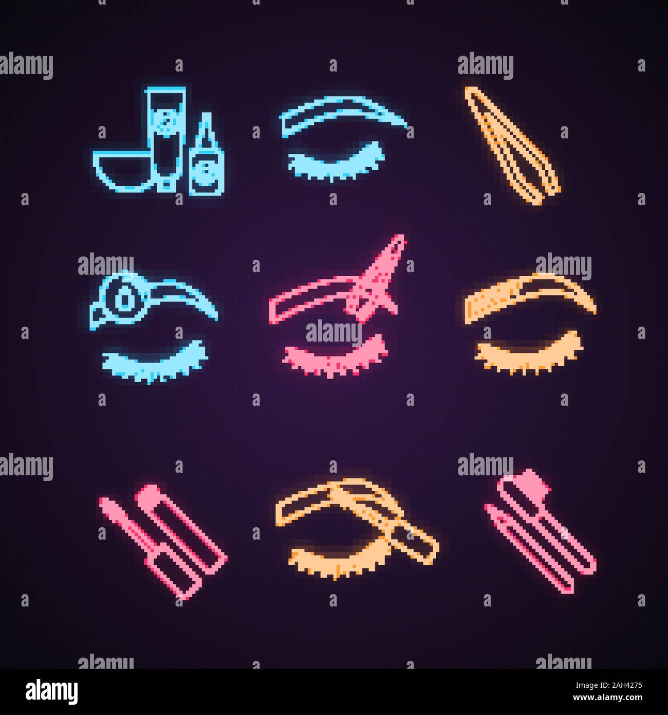 Eyebrows shaping neon light icons set. Dye kit, arched brows, tweezer ...
