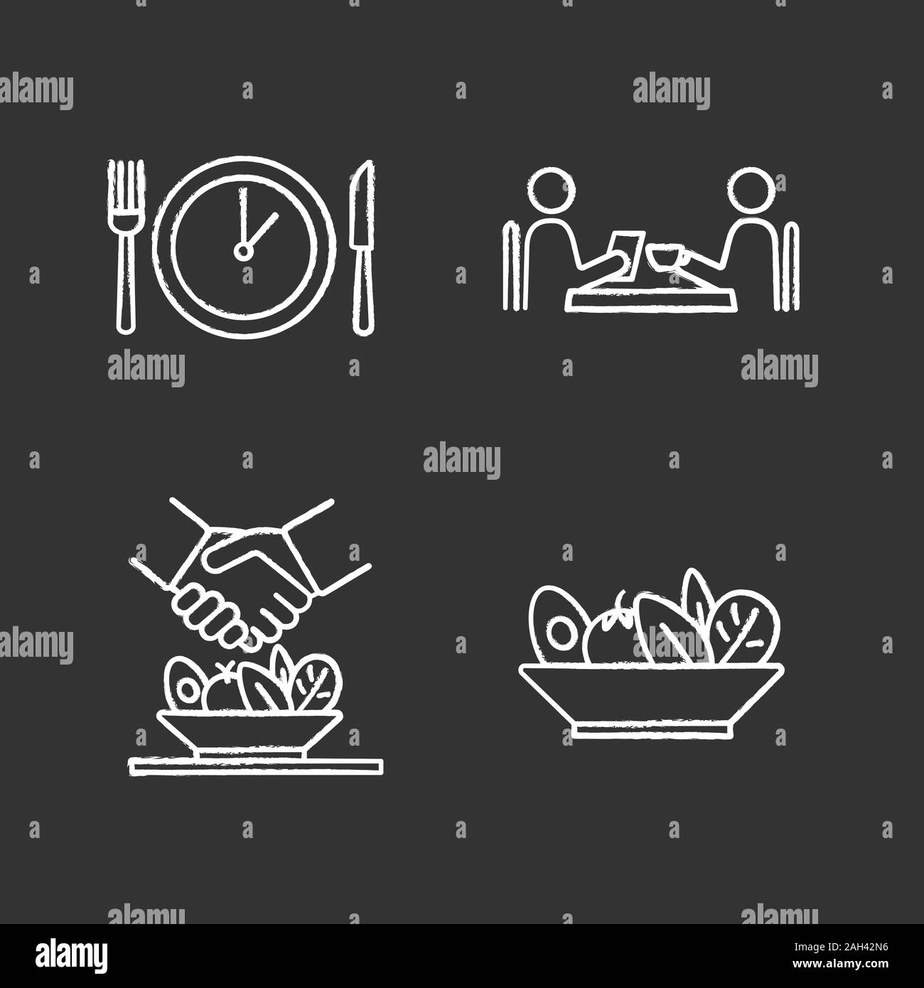 Business lunch chalk icons set. Dinner break, cafe meeting, make deal ...