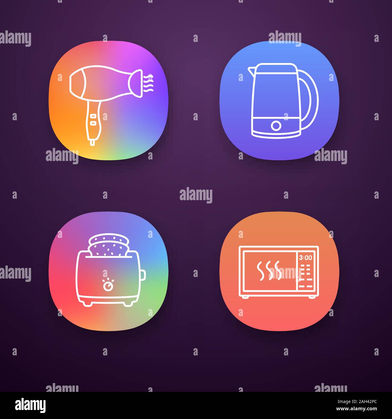 Household appliance app icons set. Hair dryer, electric kettle, slice ...