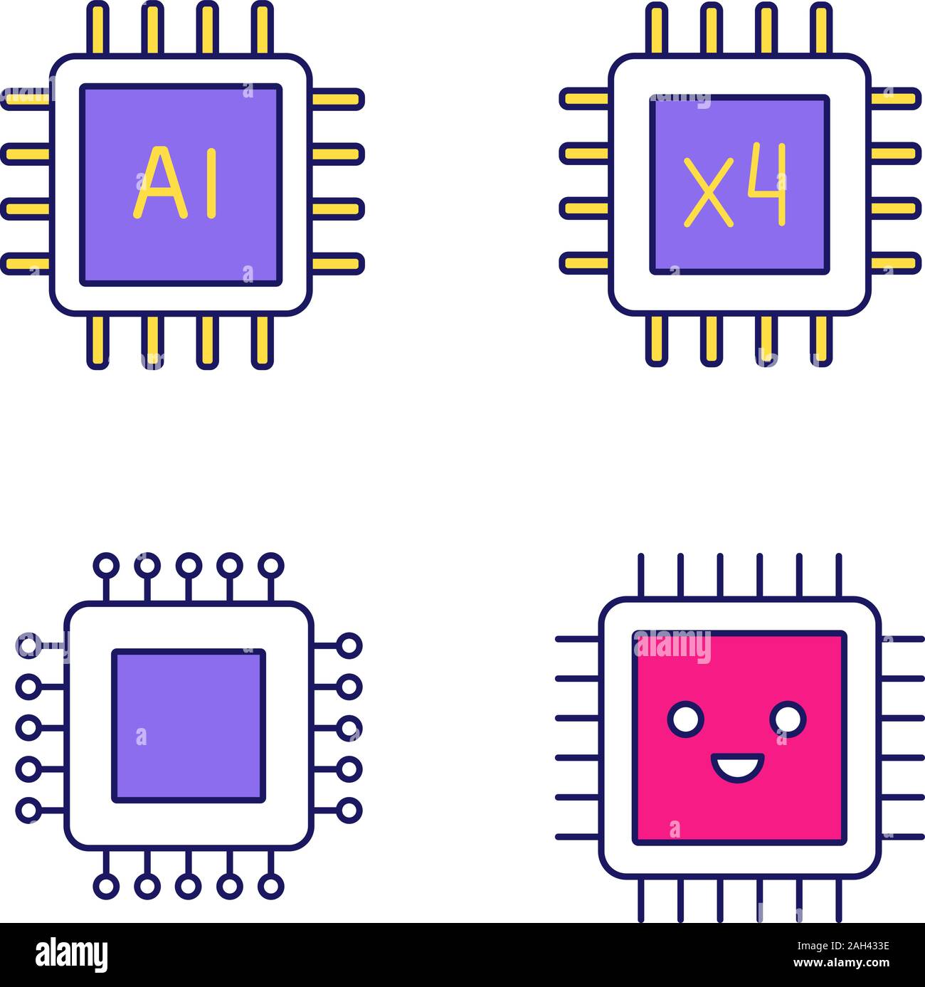 Processors color icon. Chip, integrated circuit for ai system, smiling microprocessor, quad core ...