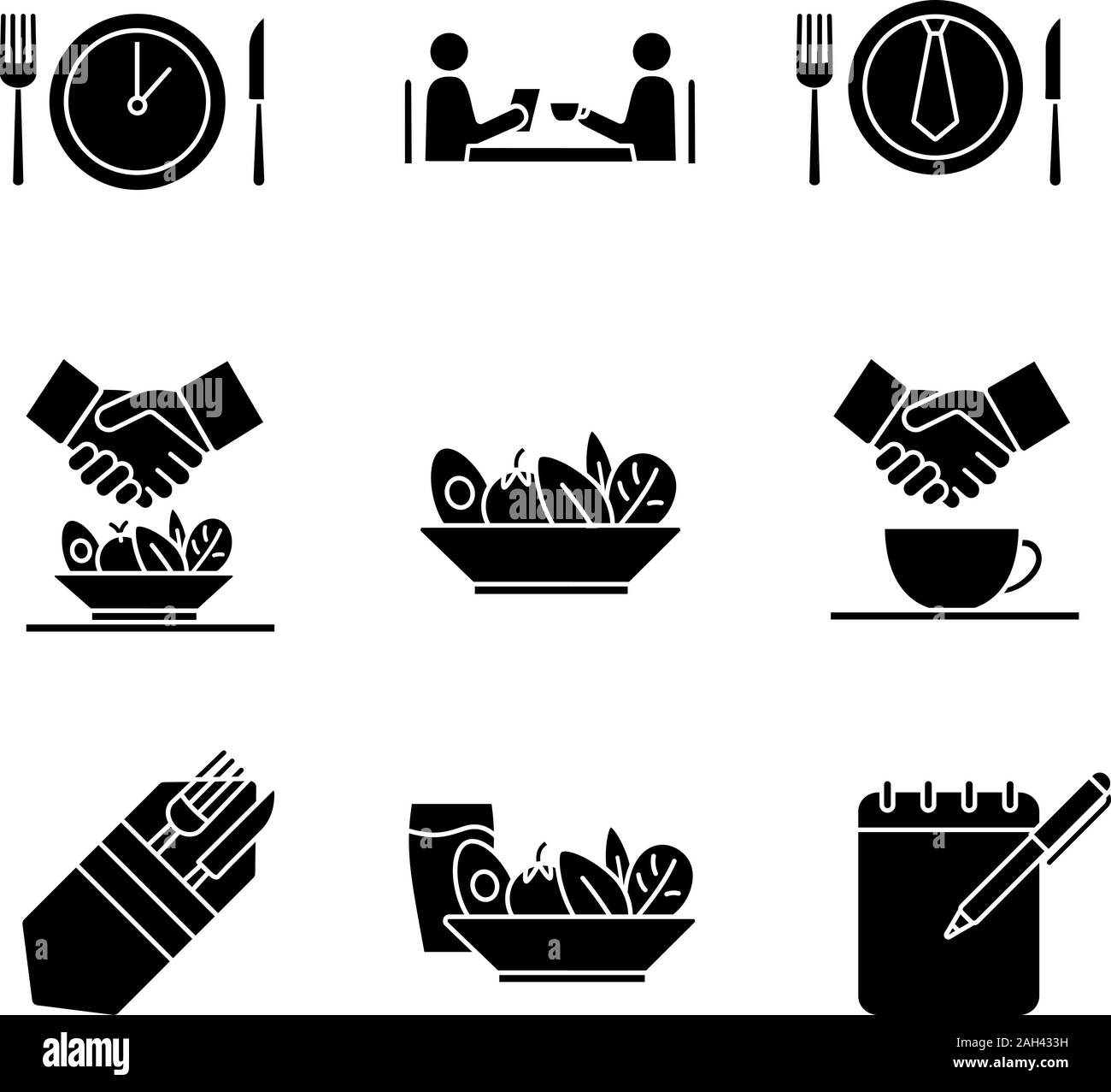 Business lunch glyph icons set. Colleagues, friends, partners ...