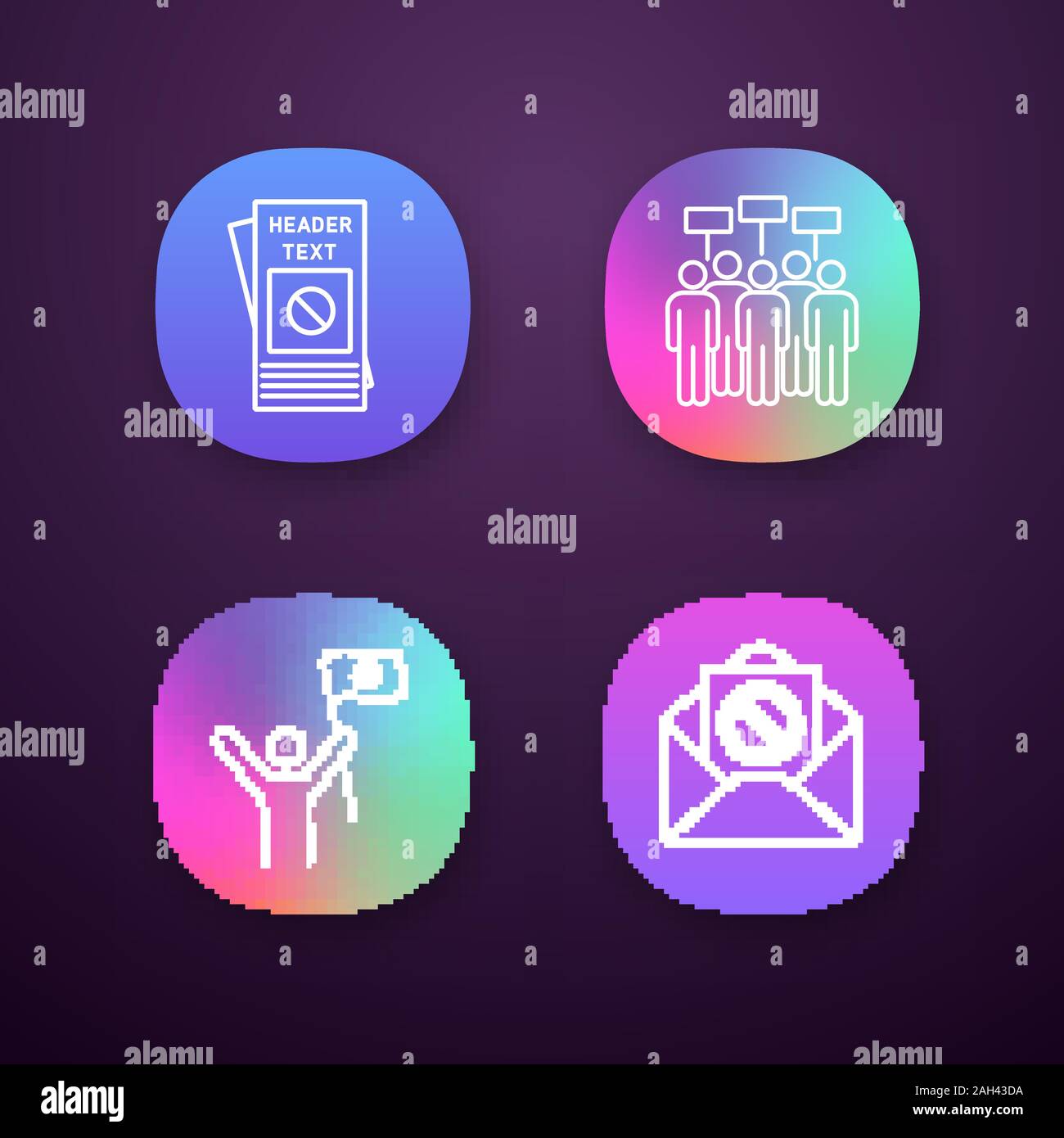 Protest action app icons set. UI/UX user interface. Protester, meeting ...