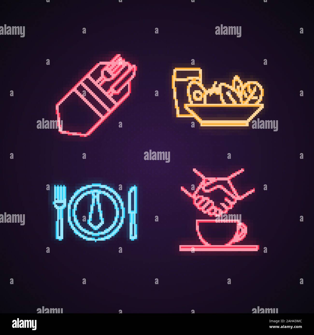 Business lunch neon light icons set. Fork and knife, salad and cold ...