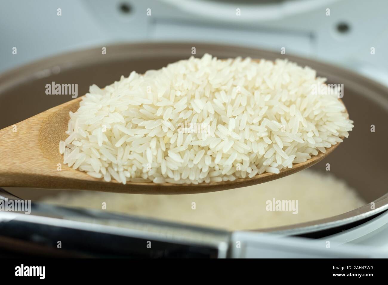 Wood ladle at rice and the electric rice cooker and on white background ...
