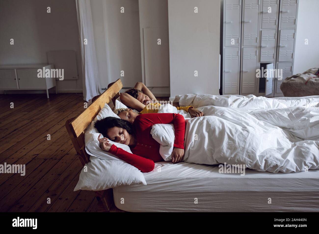 Three friends sleeping in bed at home Stock Photo - Alamy