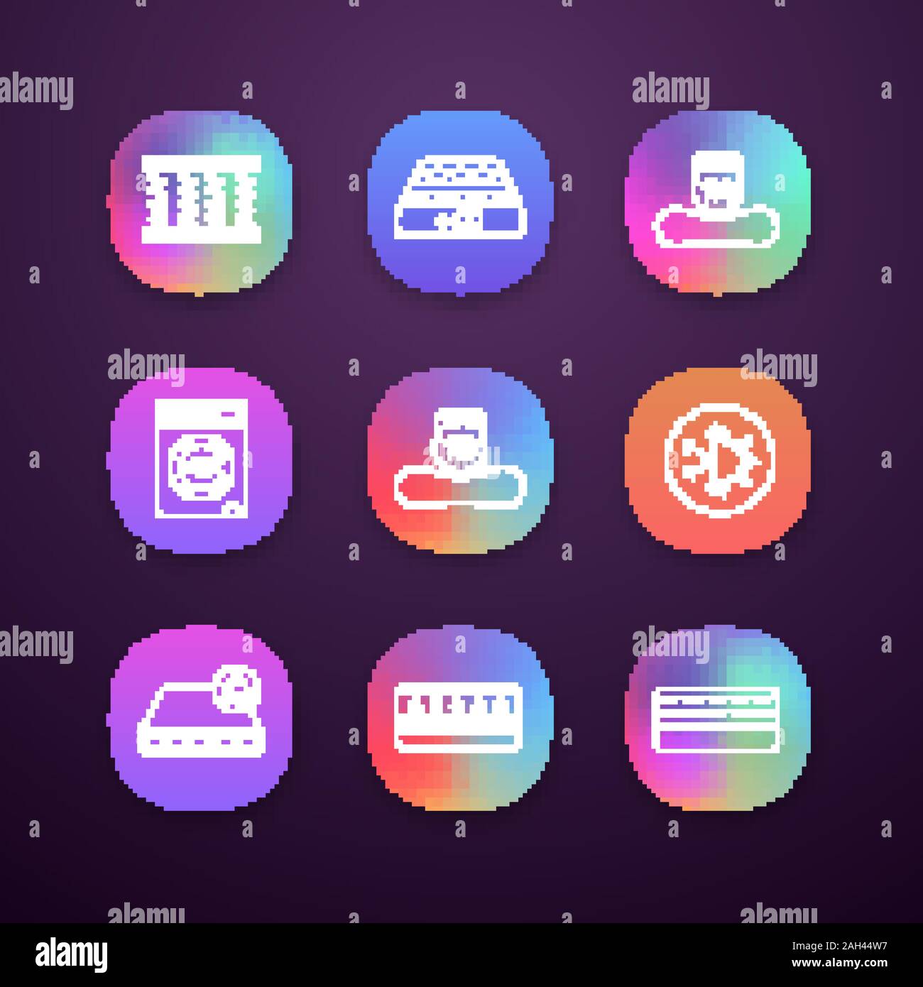 Mattress app icons set. UI/UX user interface. Spring, air, machine ...