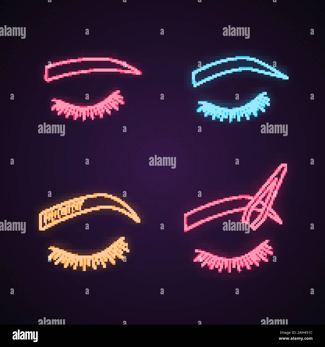 Eyebrows shaping neon light icons set. Straight and soft arched ...