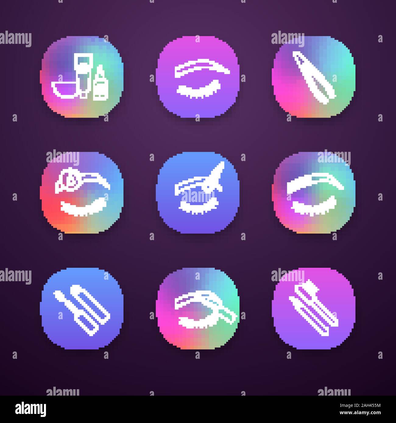 Eyebrows shaping app icons set. Dye kit, arched brows, tweezer, makeup ...