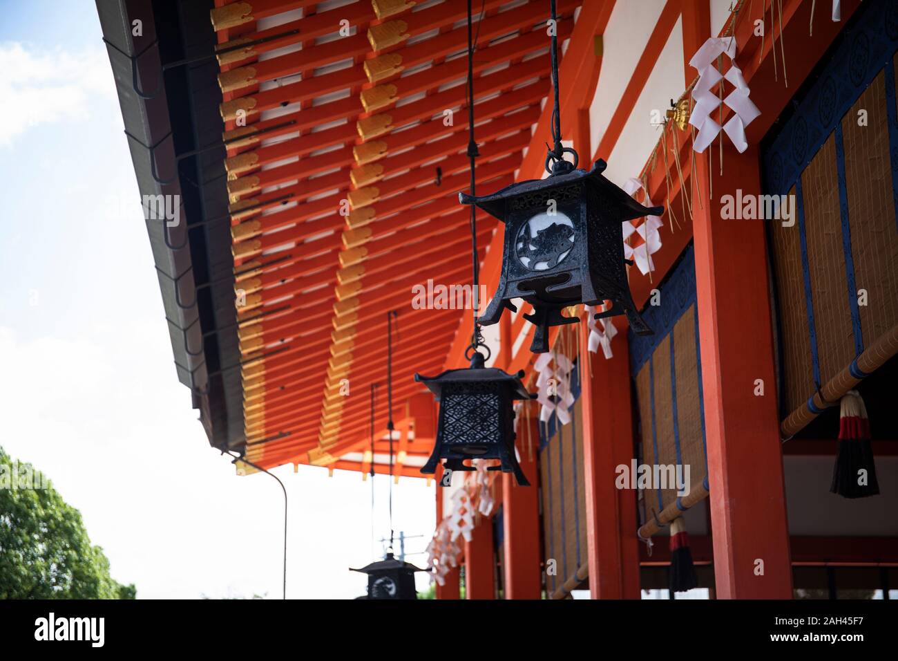 Japan, Kyoto Prefecture, Kyoto City, Lanterns hanging under canopy of ...
