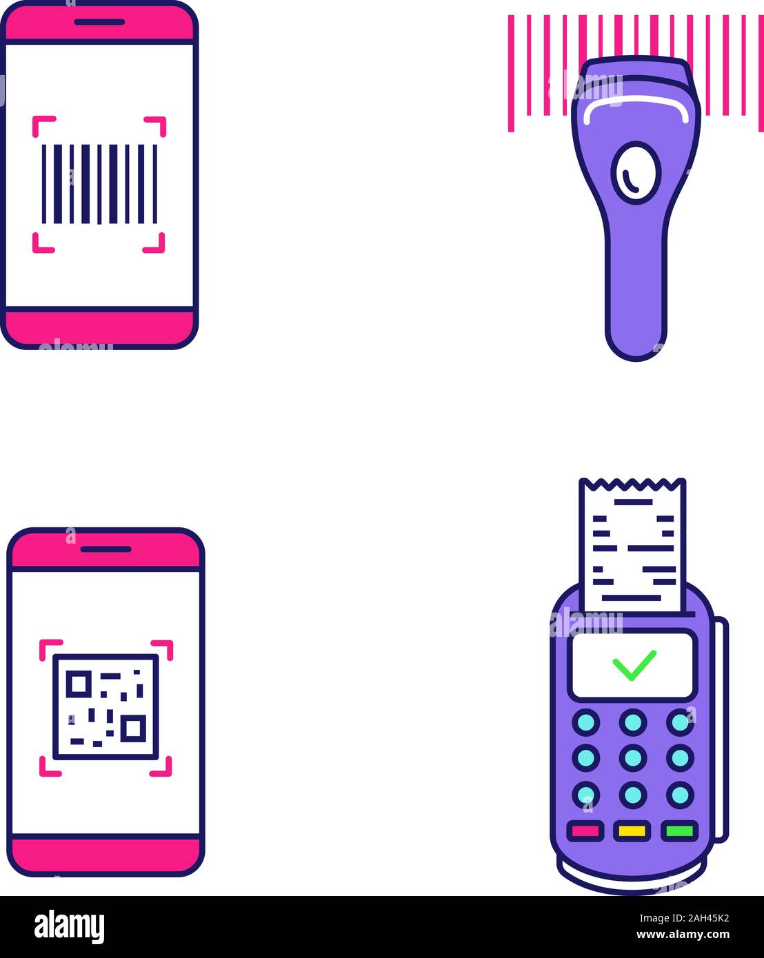 Brcodes color icons set. Smartphone barcode scanner, linear code reader, scanning app, payment ...