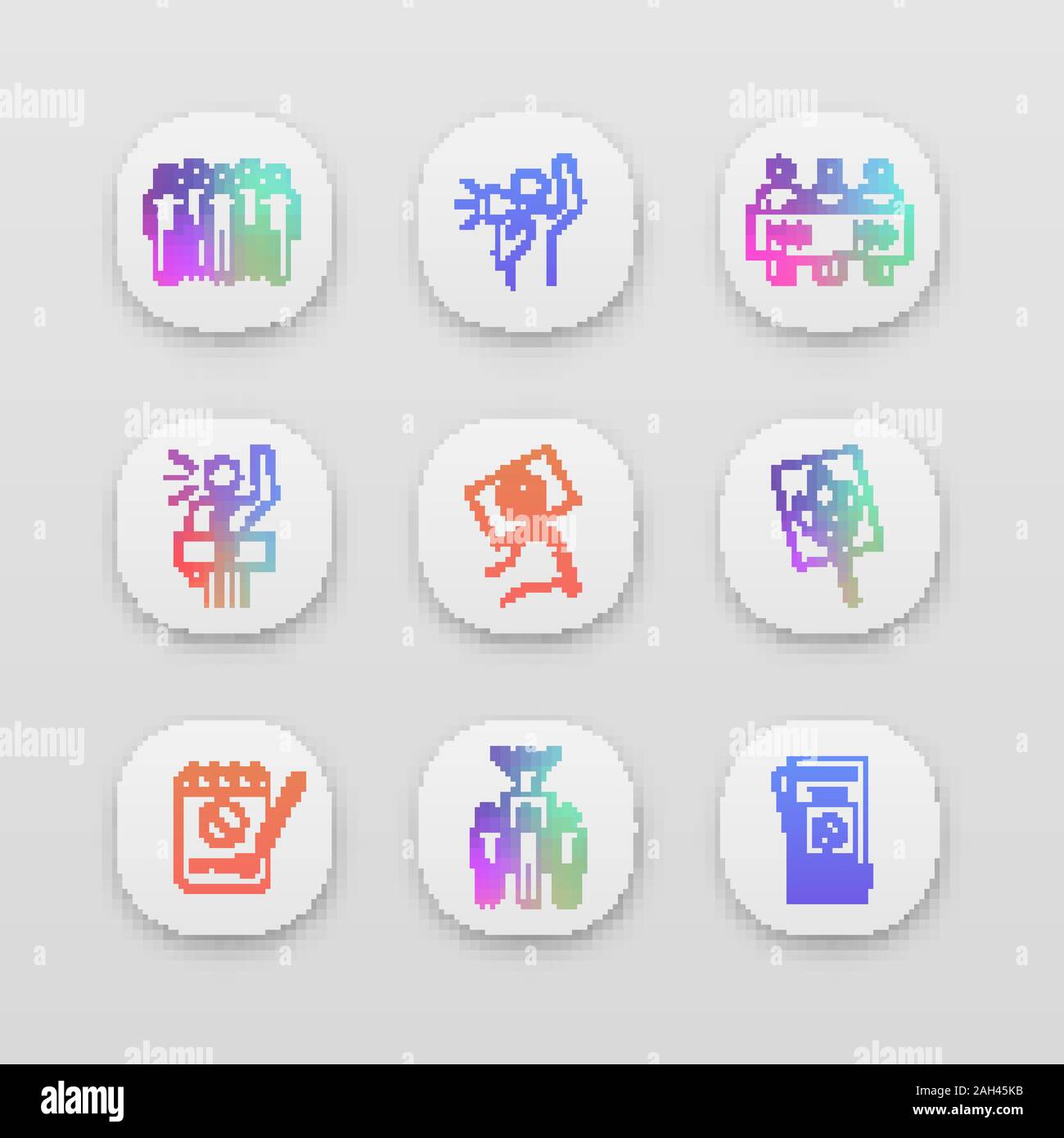 Protest action app icons set. Meeting, protester, picket, speech ...