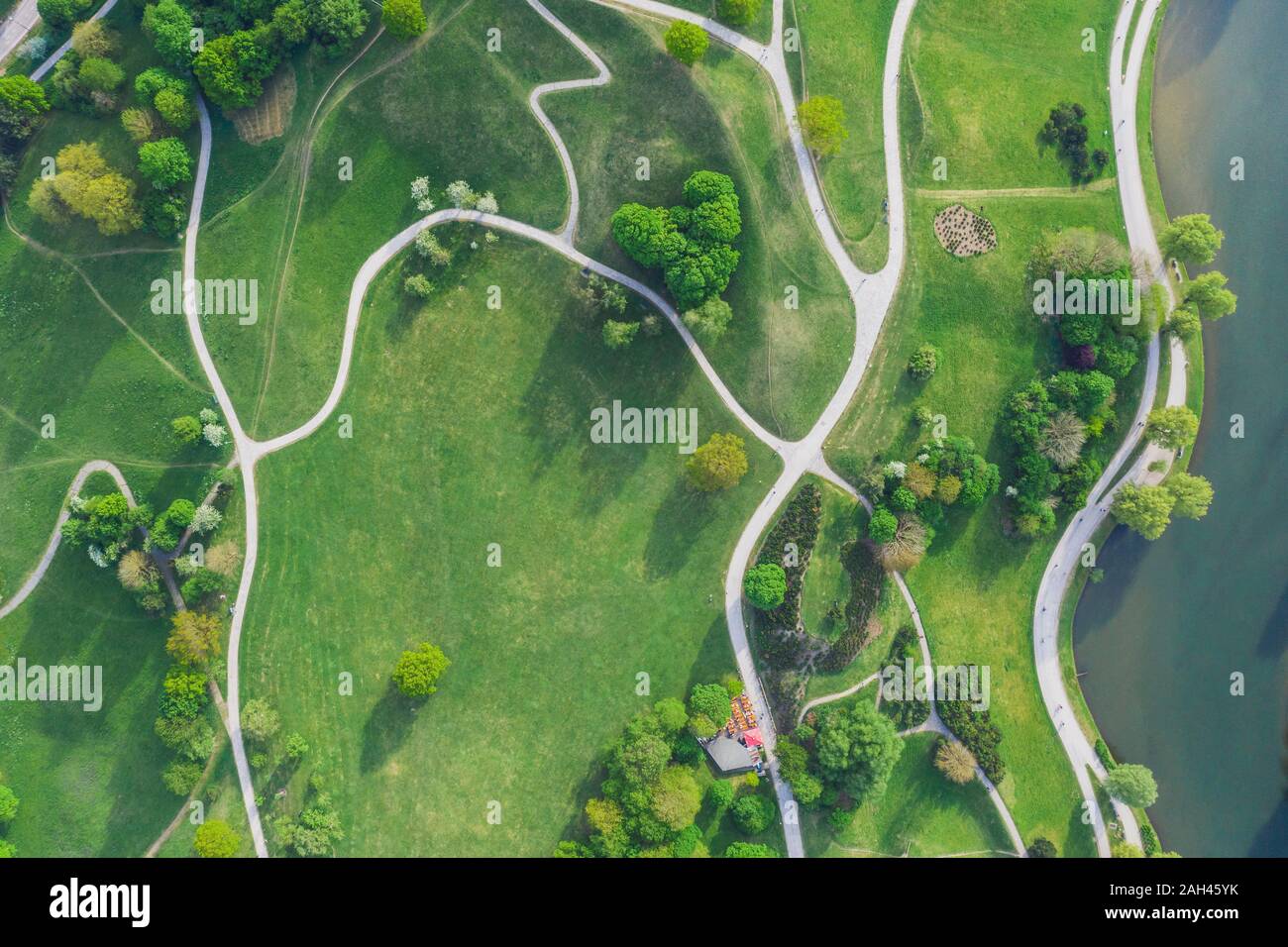 Germany, Bavaria, Munich, Aerial view of footpaths across Olympiapark ...