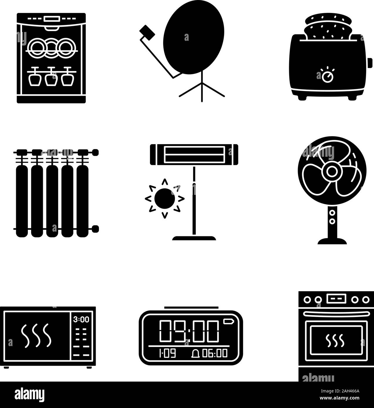 Household appliance glyph icons set. Dishwasher, satellite dish, slice ...