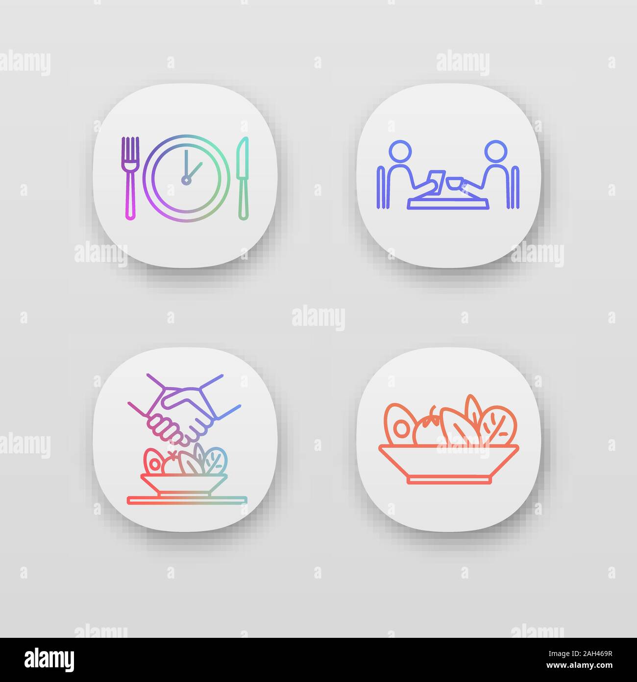 Business lunch app icons set. Dinner break, cafe meeting, make deal ...