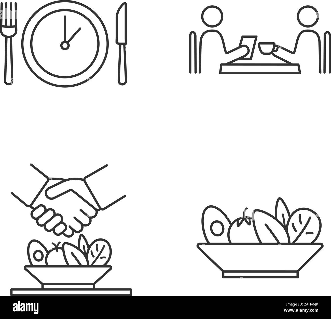 Business lunch linear icons set. Dinner break, cafe meeting, make deal ...