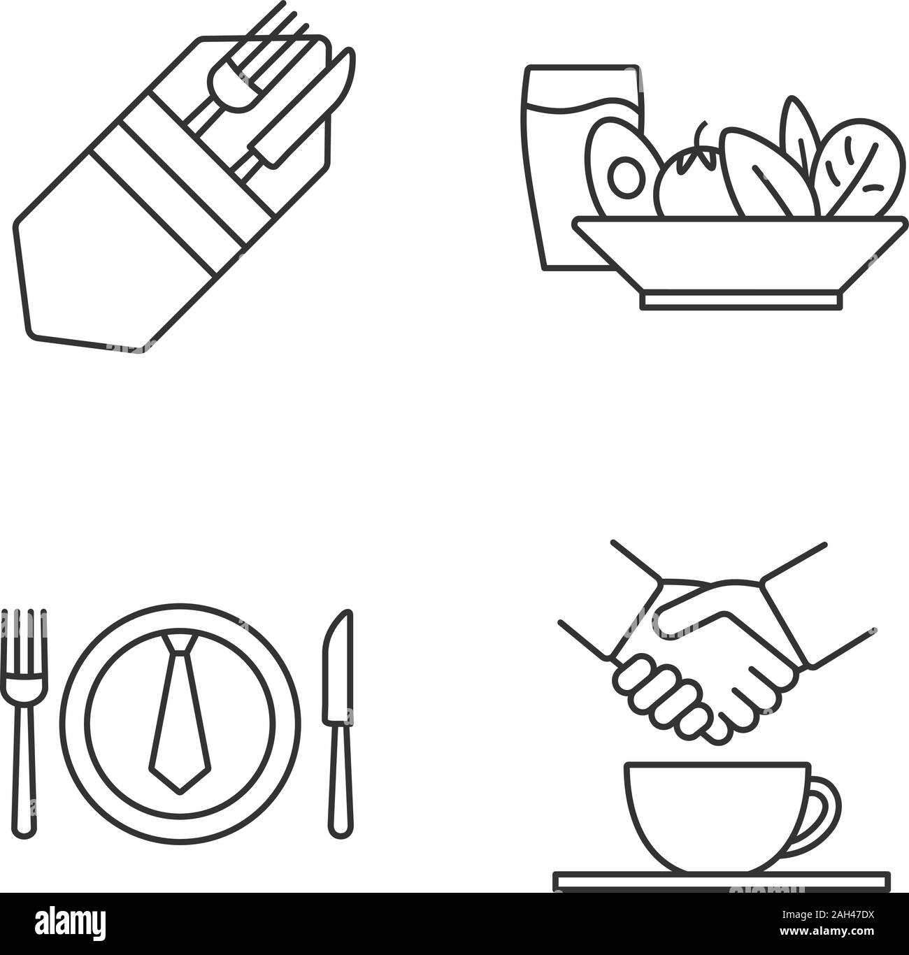 Business lunch linear icons set. Fork and knife, salad and cold drink ...