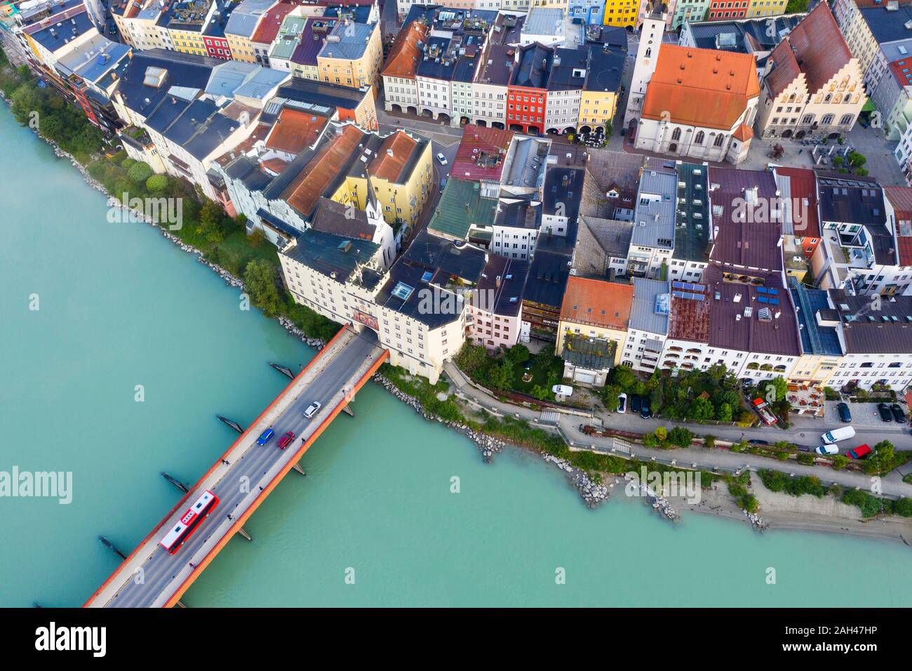 Germany, Bavaria, Wasserburg am Inn, Aerial view of old town and bridge ...