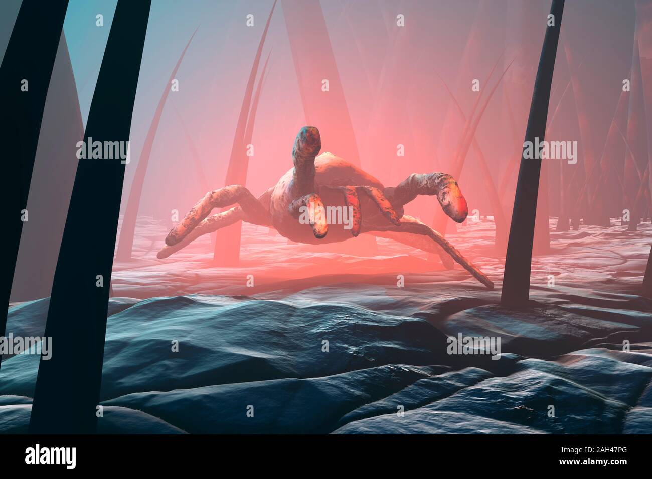 Three dimensional render of mite crawling between hair on human skin ...