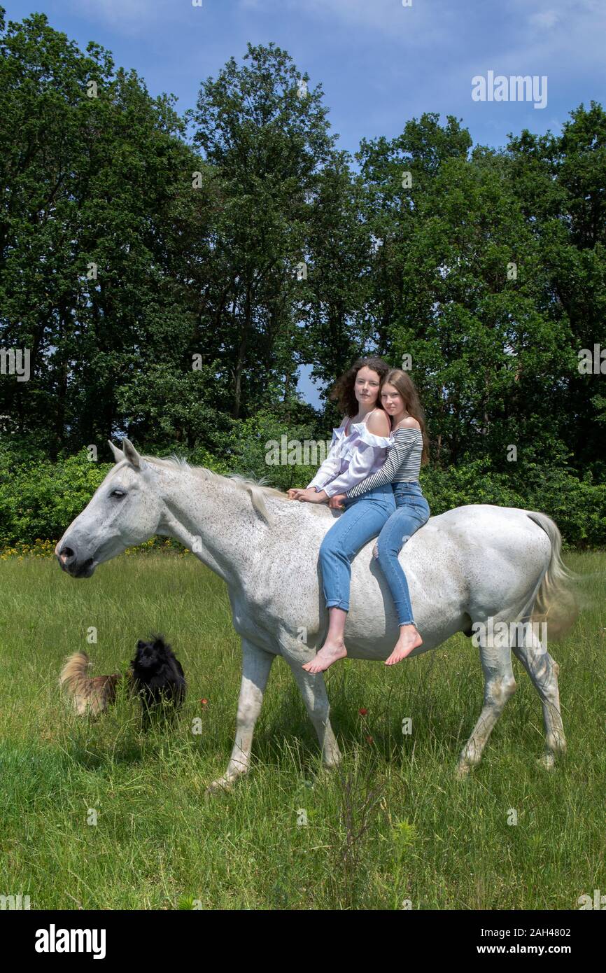 Portrait of two best friends riding together on a horse Stock Photo - Alamy