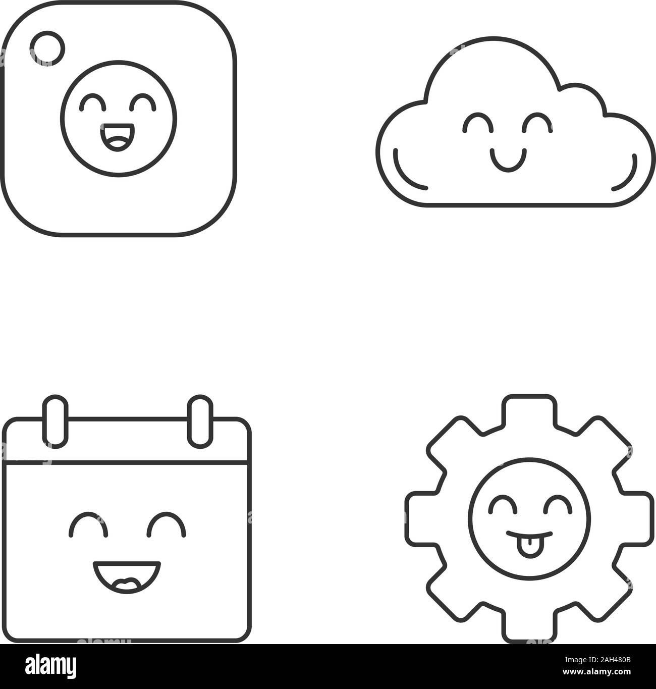 Smiling Items Linear Icons Set Characters Happy Camera Cloud Calendar Cogwheel Thin Line
