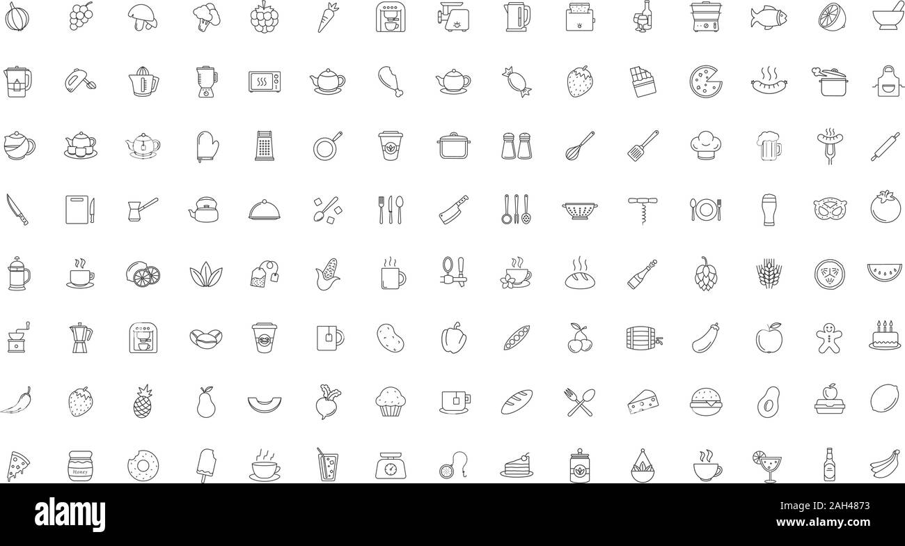 Food linear icons set. Meal preparation. Cooking. Fruits, vegetables ...