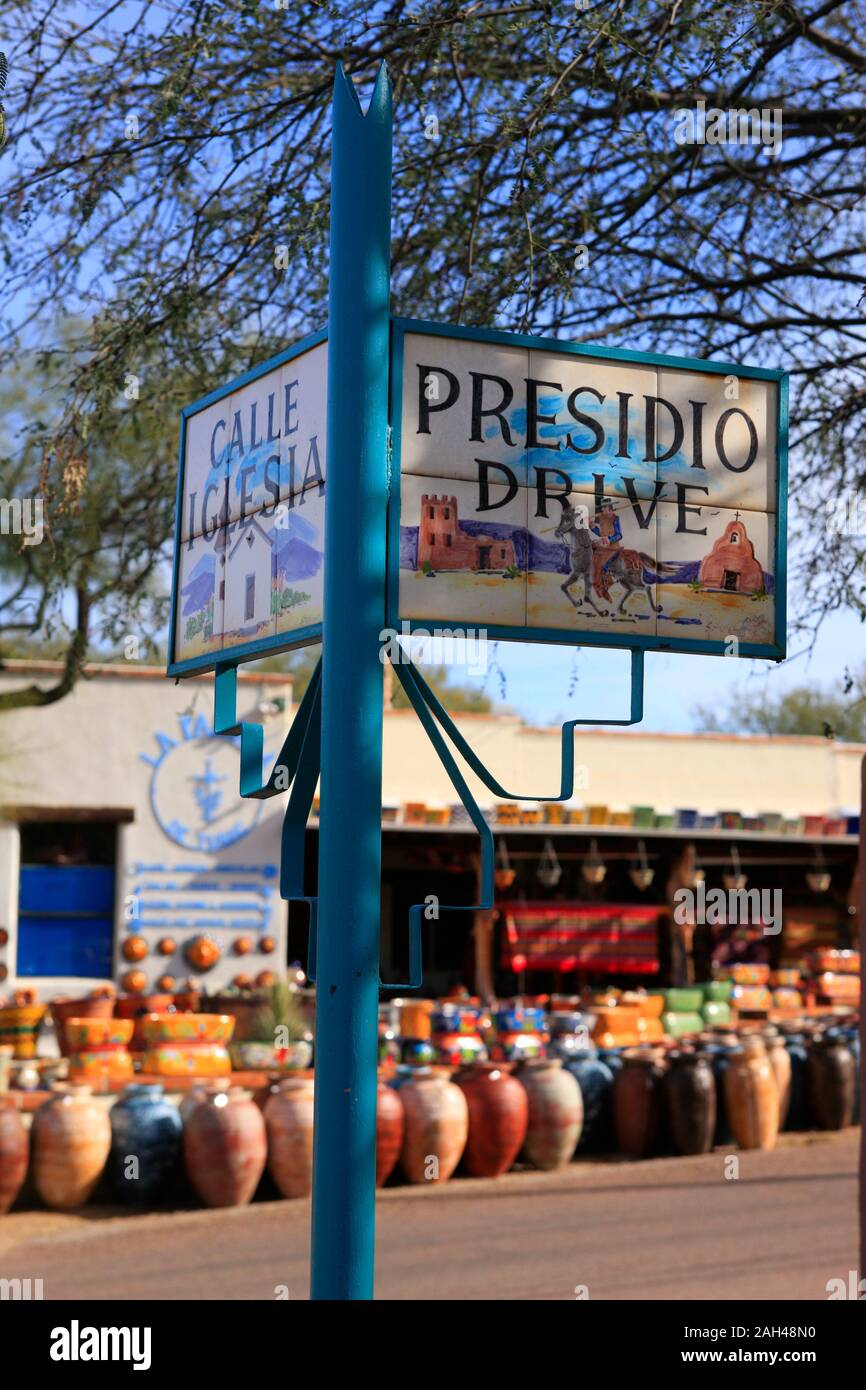 Ceramic tile street sign at the corner of Calle Iglesia and Presidio ...