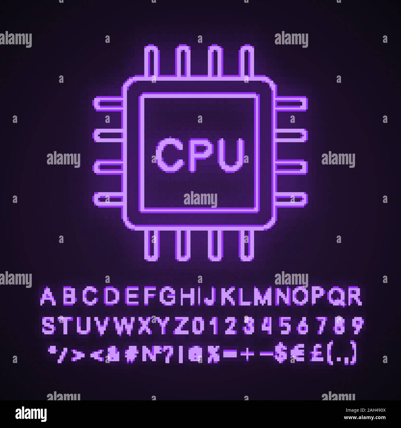 CPU neon light icon. Electronic microchip, chipset, chip. Central ...